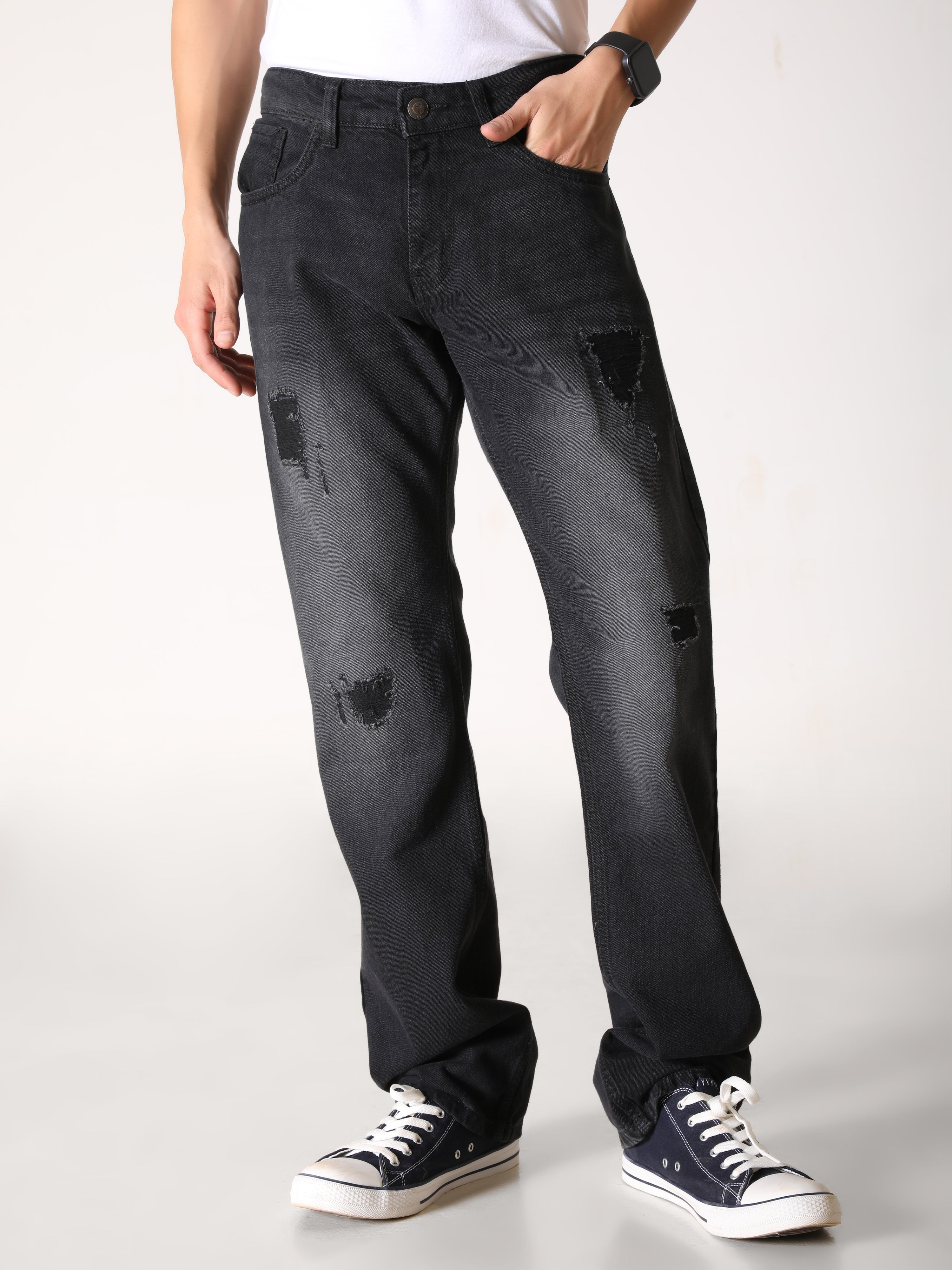 Midnight Black Distressed Denim Jeans - Edgy & Cool | VUDU